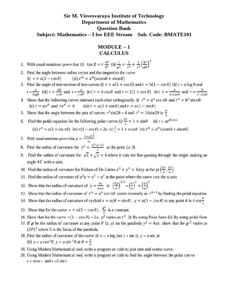Question Bank 1st Sem BMATE101 | PDF | Integral | Mathematical Physics