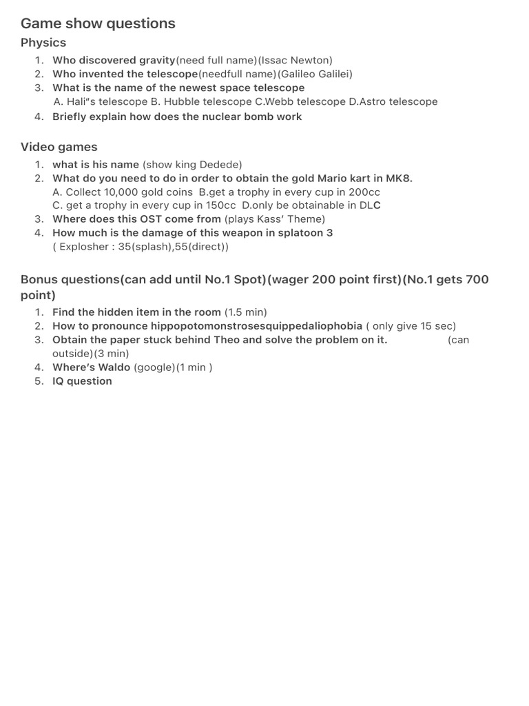 Game Show Questions | PDF