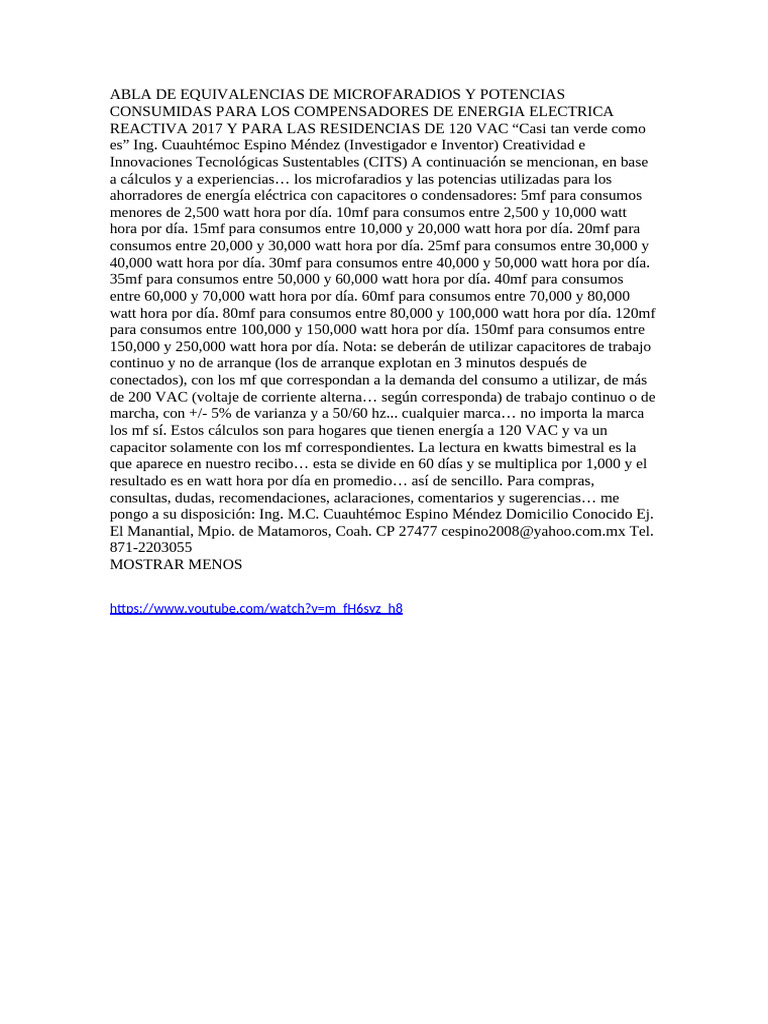 Equivalencias Microfaradios y Potencia | PDF