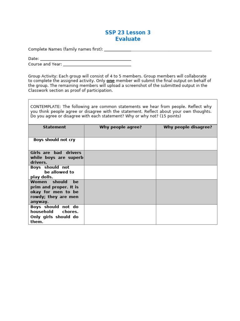 Group Activity Reflection on Gender Stereotypes | PDF