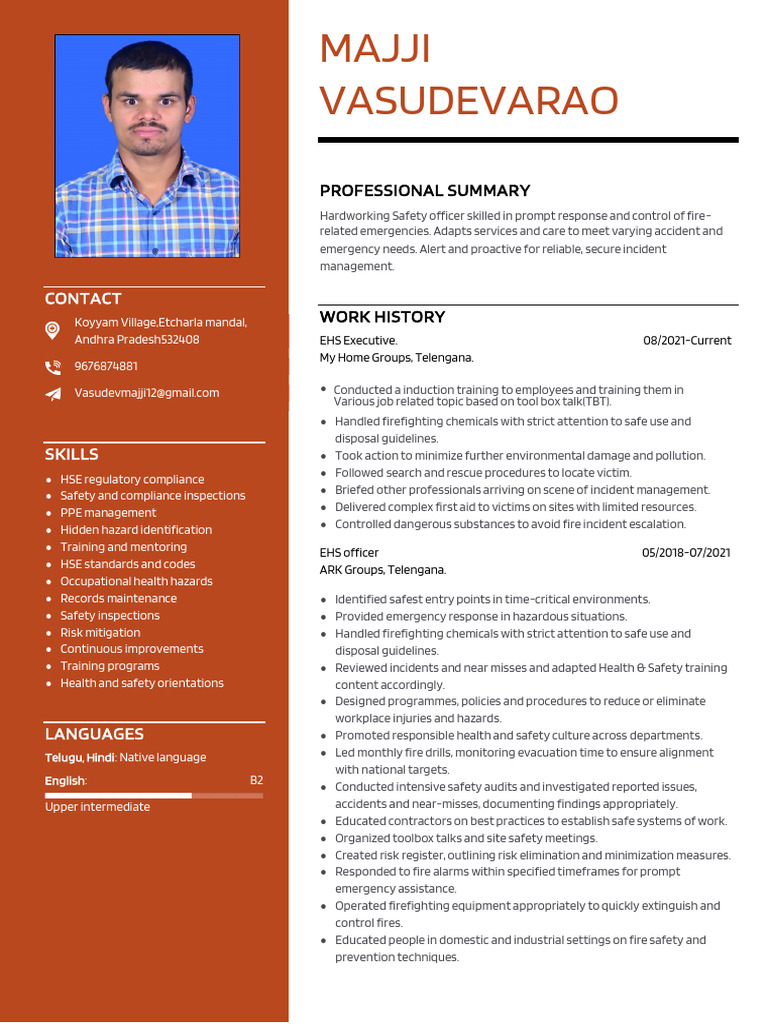 Vasudev Rao CV From MY HOME | PDF | Occupational Safety And Health | Safety