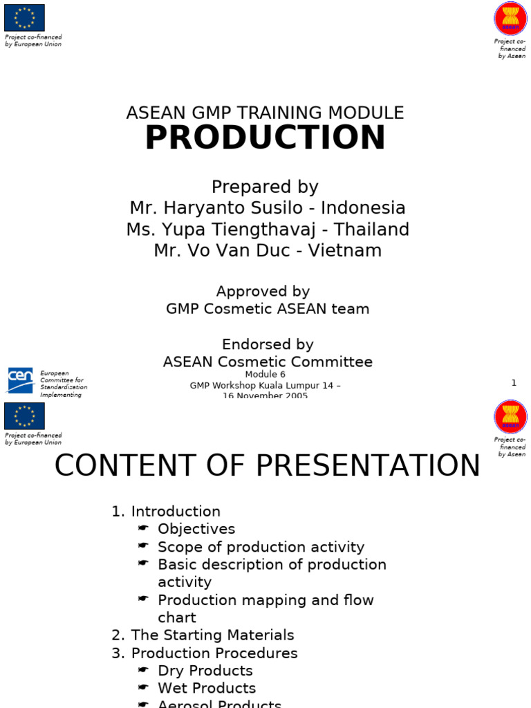 GMP ASEAN Production Module | PDF | Standardization | Specification (Technical Standard)