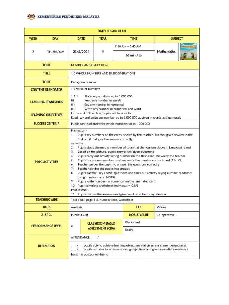 RPH MATE DLP Y5 V2 Topic 1A | PDF | Lesson Plan | Teachers