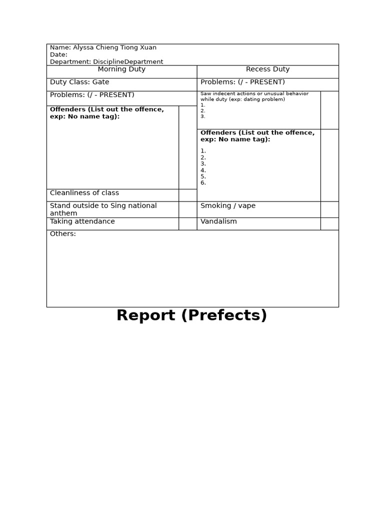 School Prefect Duty Report | PDF