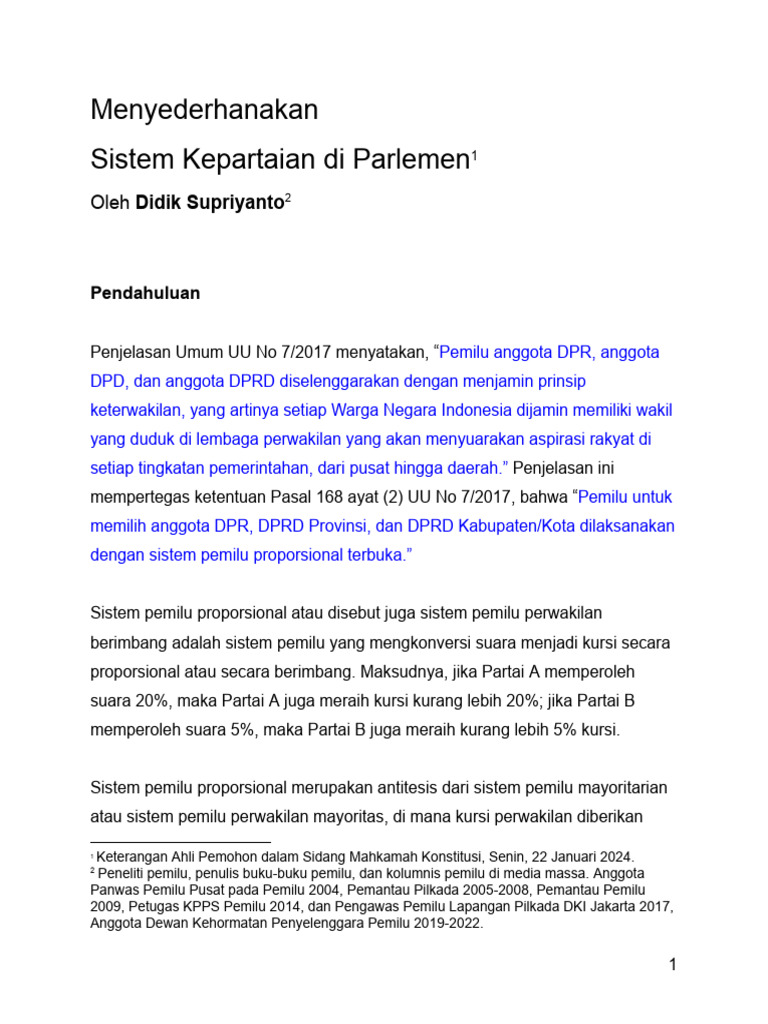 KETERANGAN AHLI DIDIK SUPRIYANTO Menyederhanakan Sistem Kepartaian Di Parlemen | PDF