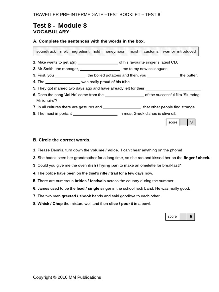 Traveller Pre-Interm - Test 8 | PDF