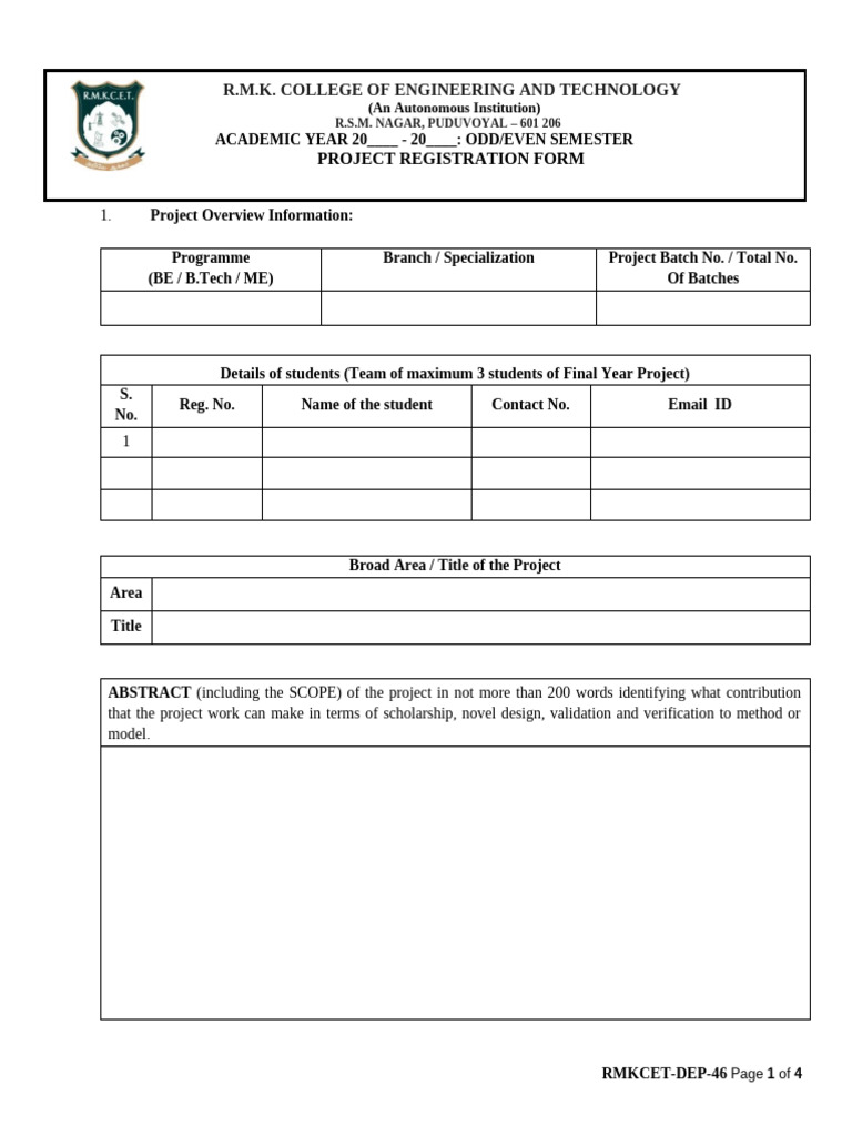 Rmkcet Dep 46 Project Registration Form | PDF