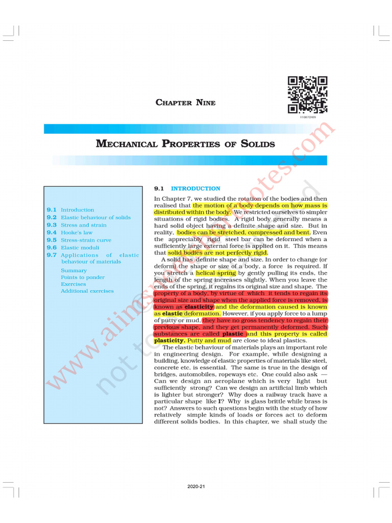 Mechanical Properties of Solid NCERT Highlights | PDF