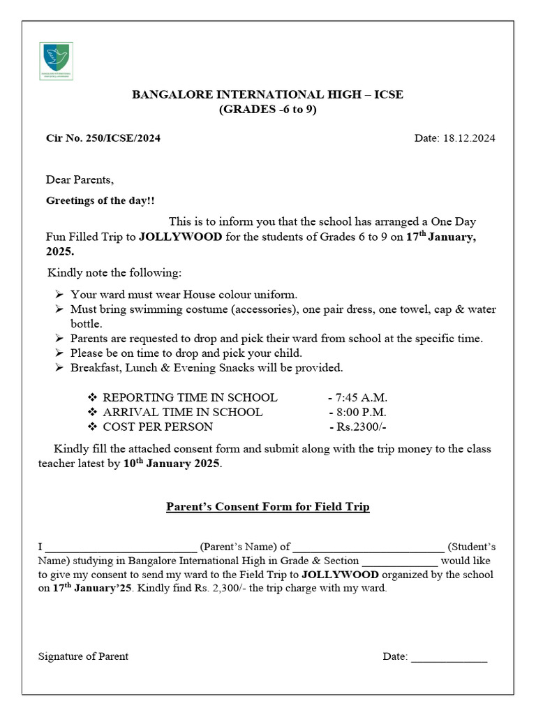 Fun Filled Trip Circular (Grade 6 To 9) | PDF