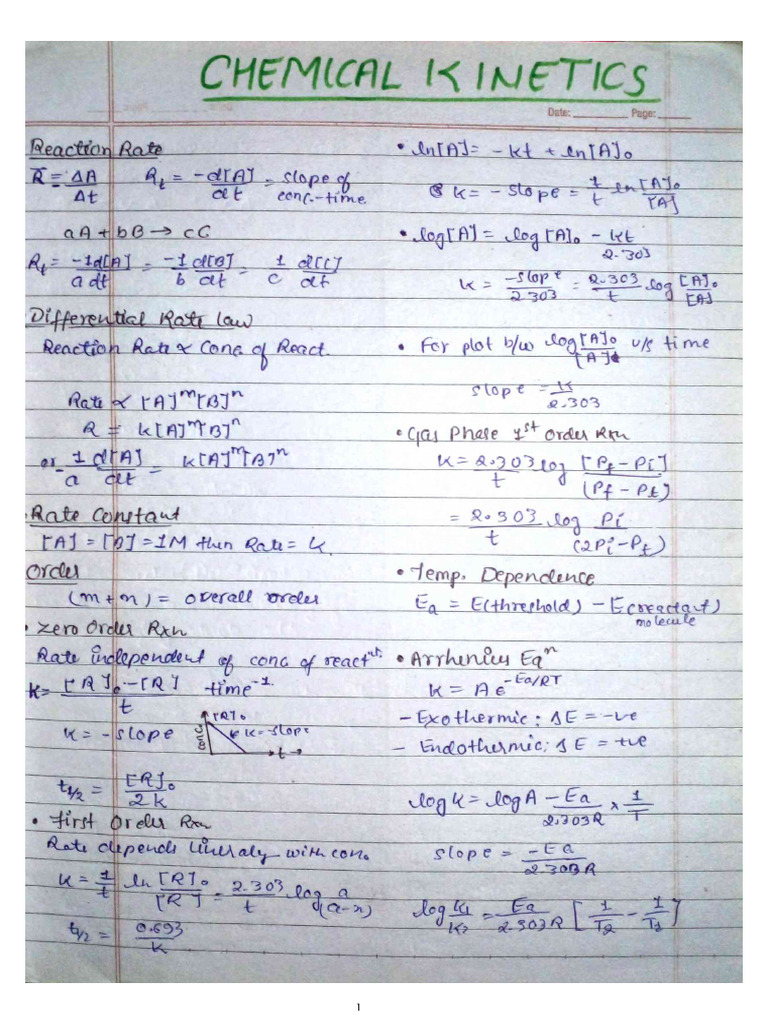 Chemical Kinetics (Formula Sheet) | PDF