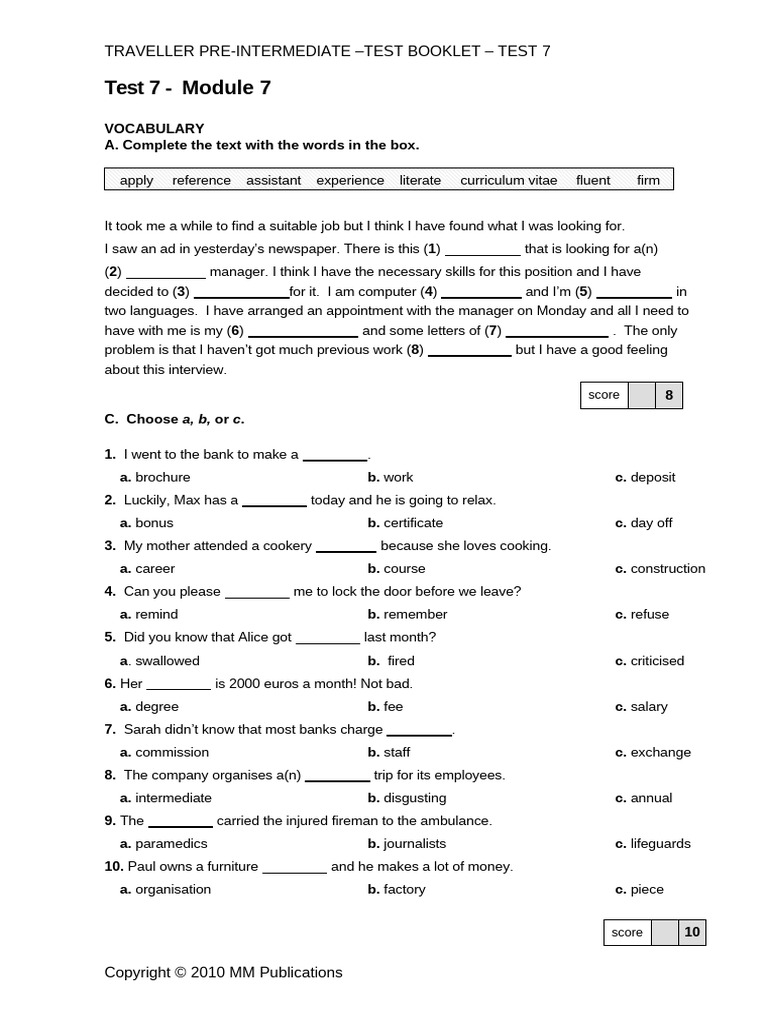 Traveller Pre-Interm - Test 7 | PDF