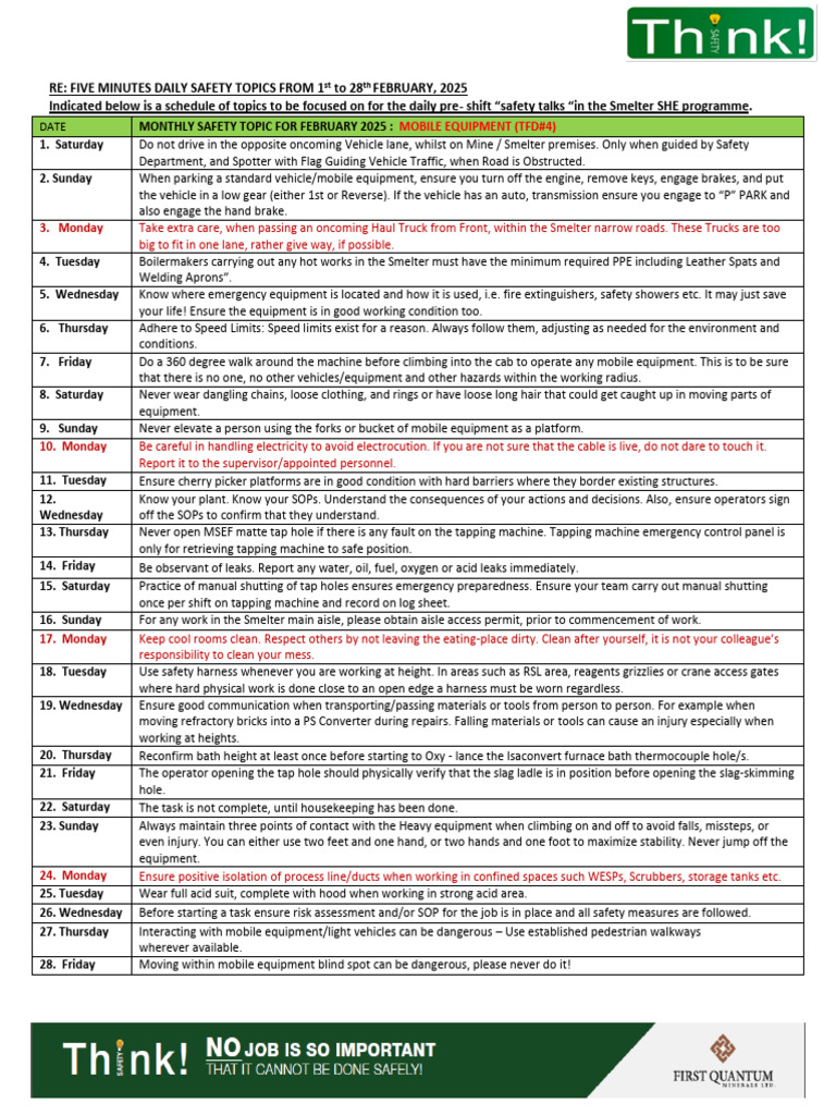 Daily Safety Topics - February 2025 Final. | PDF | Truck | Manufactured ...