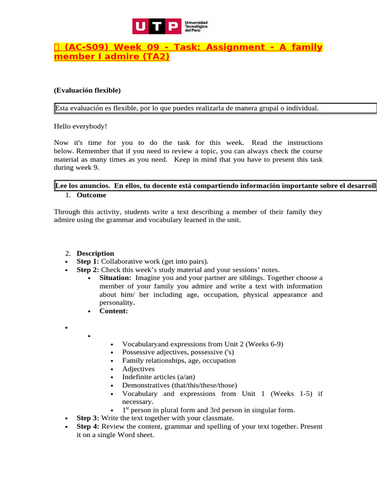 ? (AC-S09) Week 09 - Task Assignment - A Family Member I Admire (TA2) (INGLES 1) | PDF ...
