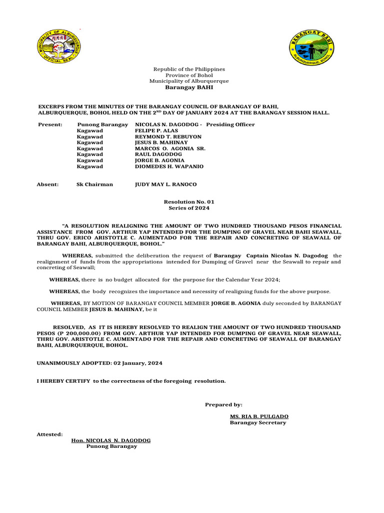 RESOLUTION NO. 1 Series of 2024 A Resolution Realigning The Amount of ...