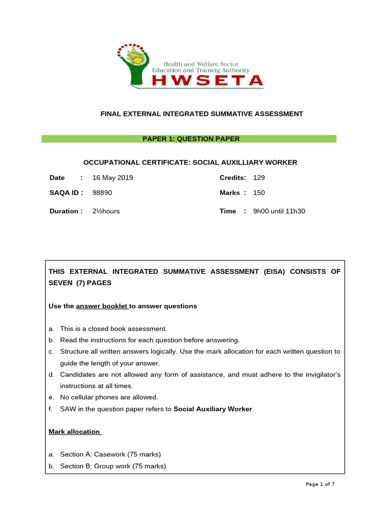 Social Auxiliary Worker Assessment Paper | PDF | Teenage Pregnancy