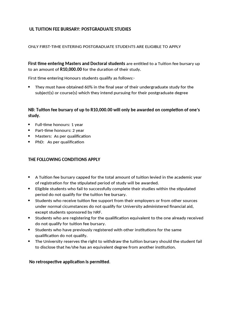 UL Tuition Fee Bursary Postgraduate Studies | PDF