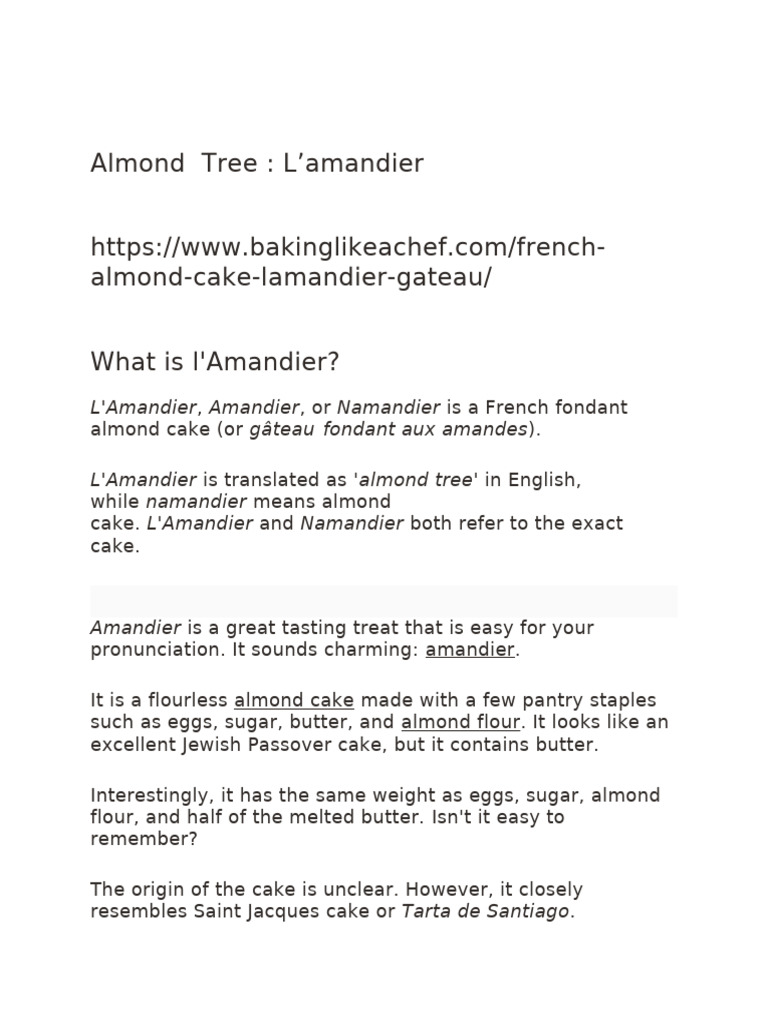L'Amandier: French Almond Cake Recipe | PDF | Cakes | Butter
