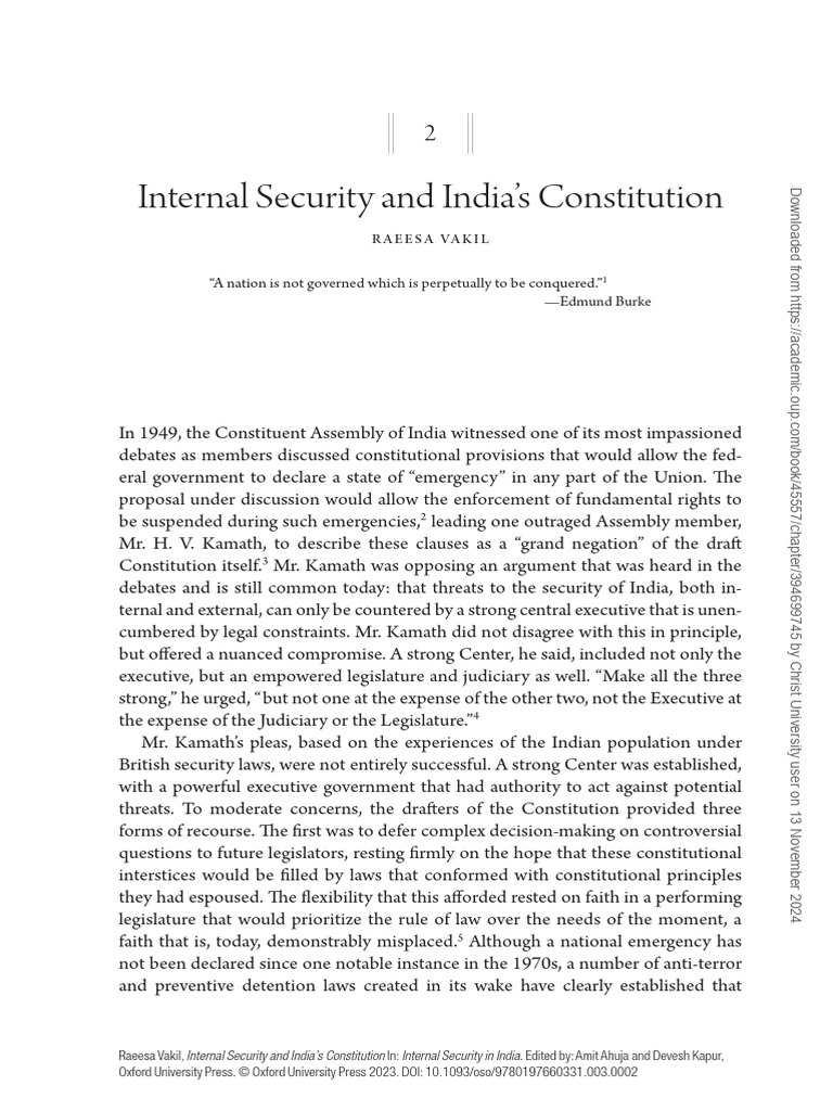 Internal Security and India's Constituion | PDF | Detention (Imprisonment) | Separation Of Powers