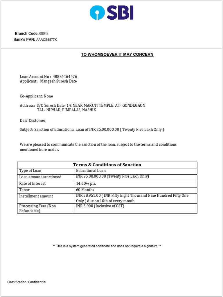 Education Loan Sanction Letter | PDF