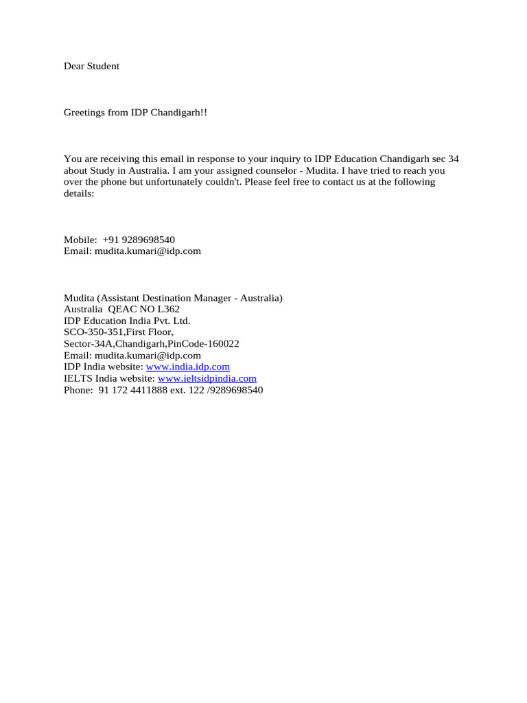 IDP Chandigarh Contact Information | PDF
