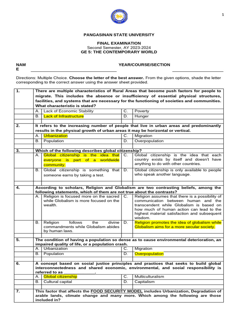 GE 5 The Contemporary World Final Exam 2nd Sem 2324 | PDF | Human Migration