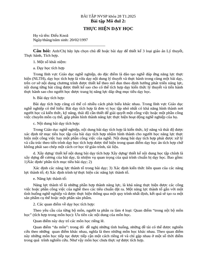 Bai Tập Mô Đul 2 Thực Hiện Dạy Học Điểu Knoă | PDF