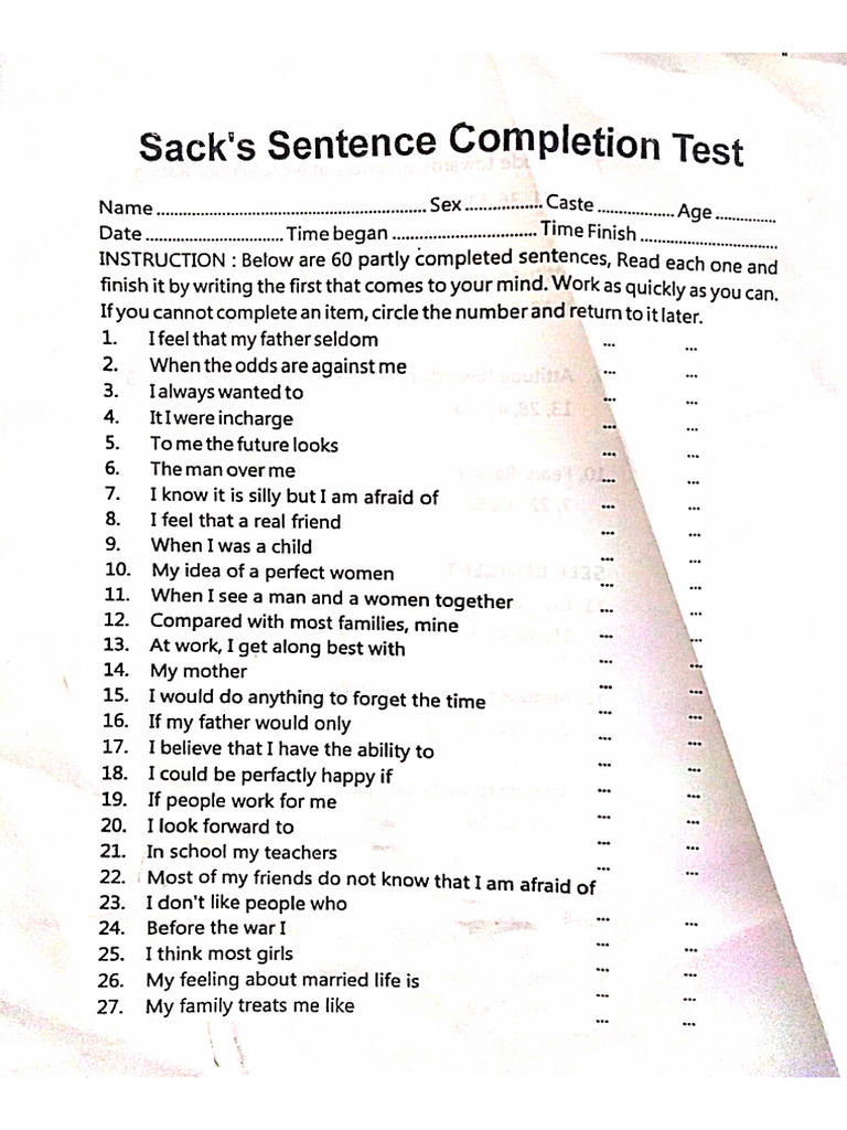Sacks Sentence Completion Test (SSCT) | PDF