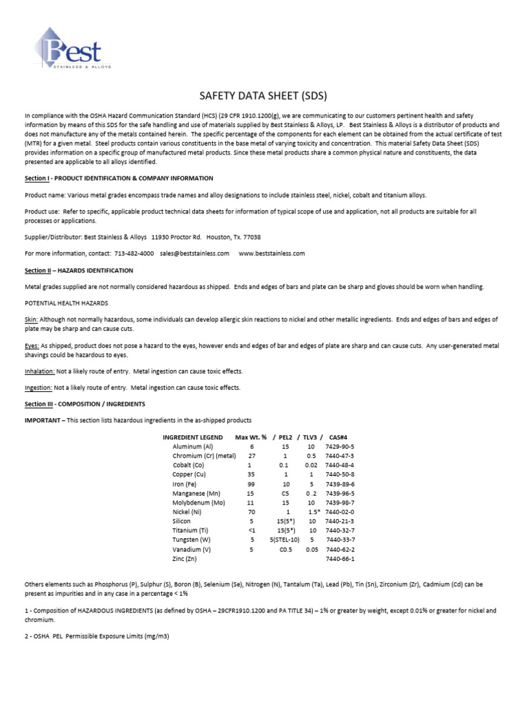 SDS_BestStainless_Form_181_Rev_A_2023-002 | PDF | Nickel | Chromium