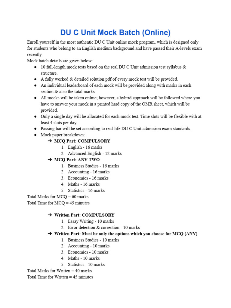 DU C Unit (EM) Mock Details | PDF | Multiple Choice | Student Assessment And Evaluation
