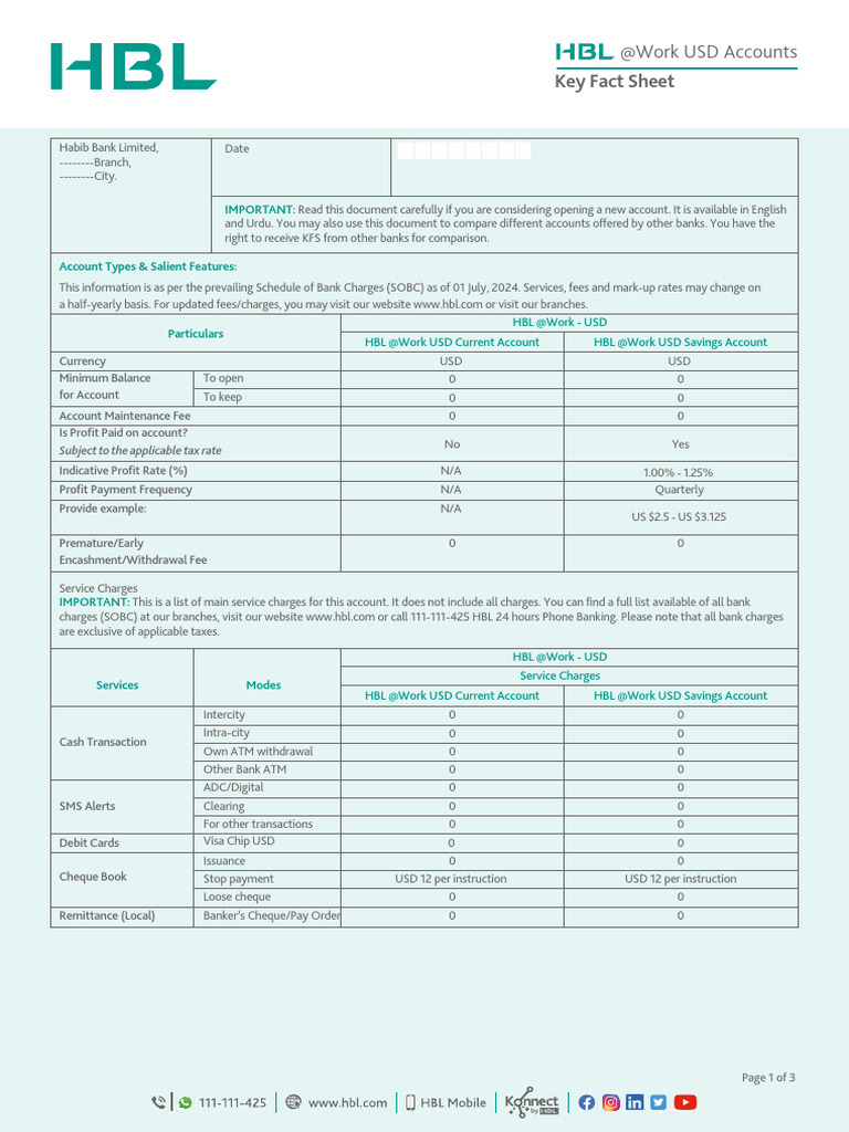Key Fact Statement For HBL Work USD Accounts | PDF | Transaction ...