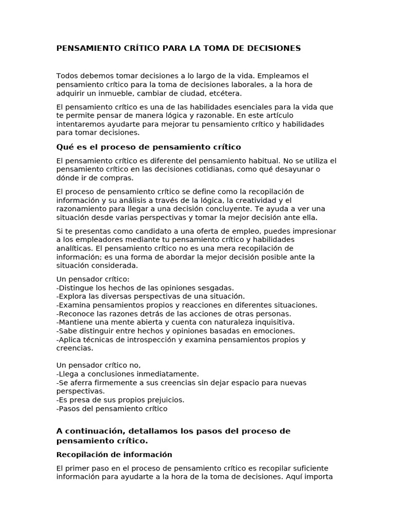 Mejora tu Pensamiento Crítico en Decisiones | PDF | Pensamiento crítico ...