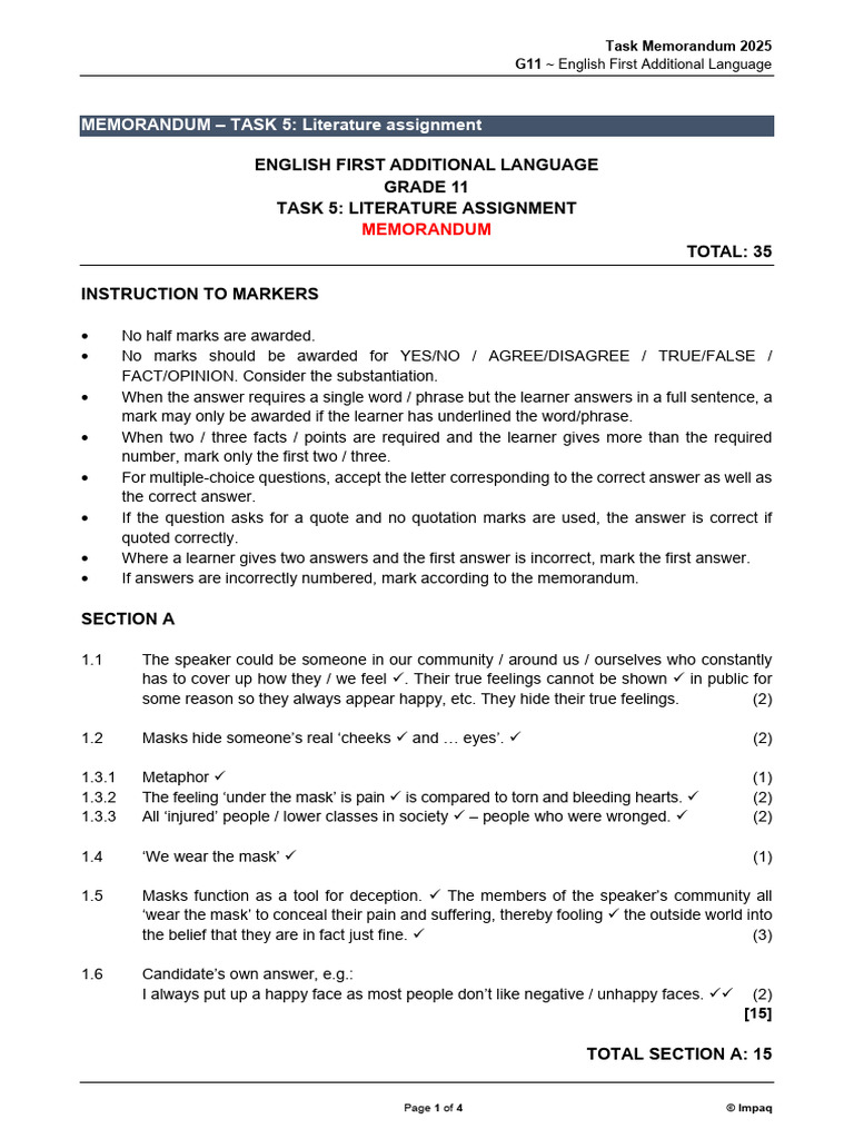 English First Additional Language Grade 11 Task 5: Literature ...