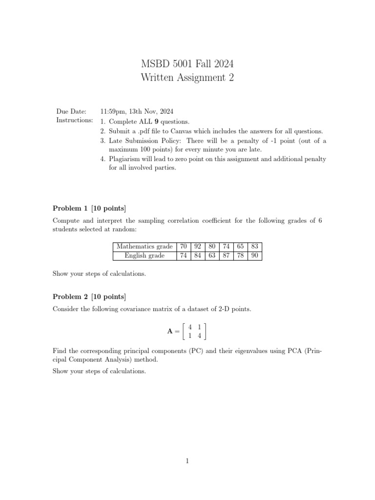 MSBD5001 WrittenAssignment2 2024F | PDF | Principal Component Analysis | Applied Mathematics