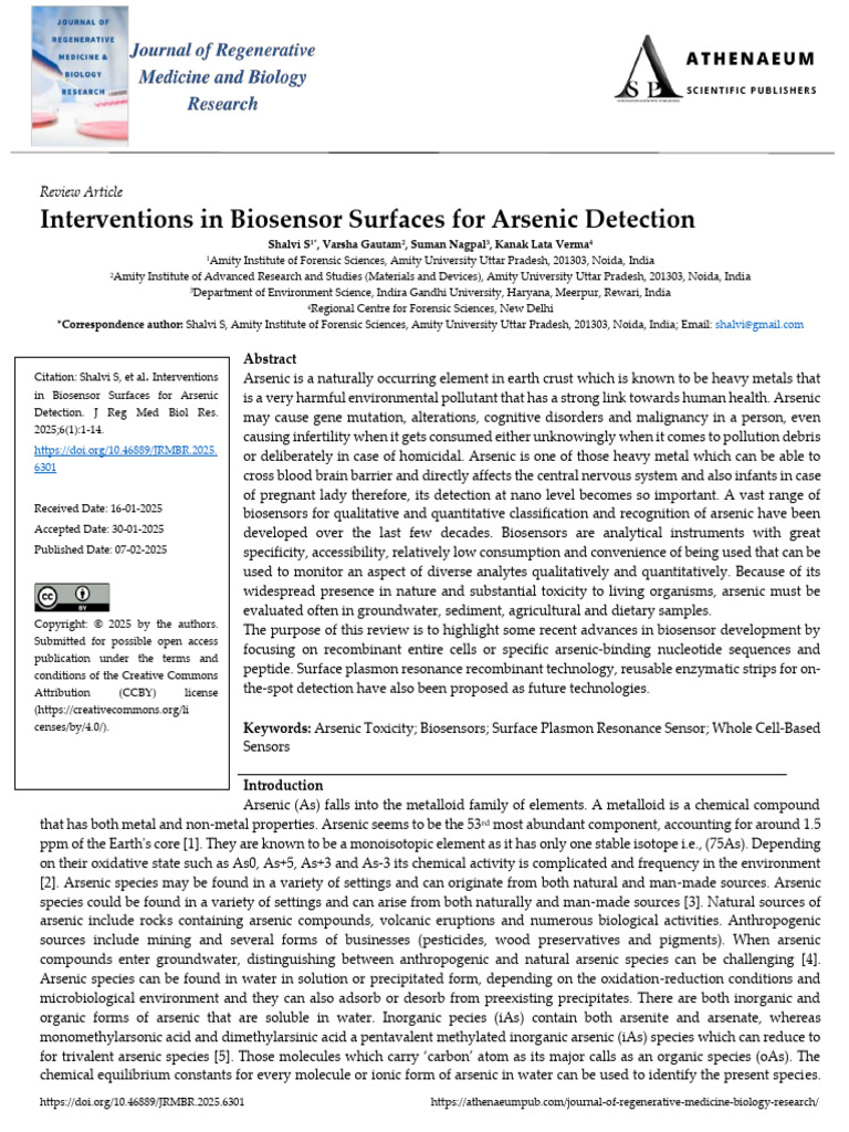 Interventions in Biosensor Surfaces For Arsenic Detection | PDF ...