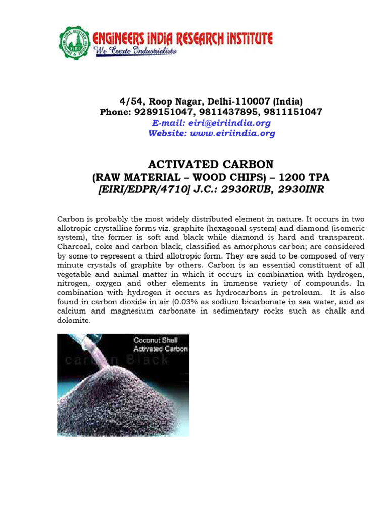 Project Report on ACTIVATED CARBON (RAW MATERIAL – WOOD CHIPS) – 1200 TPA | PDF | Carbon ...