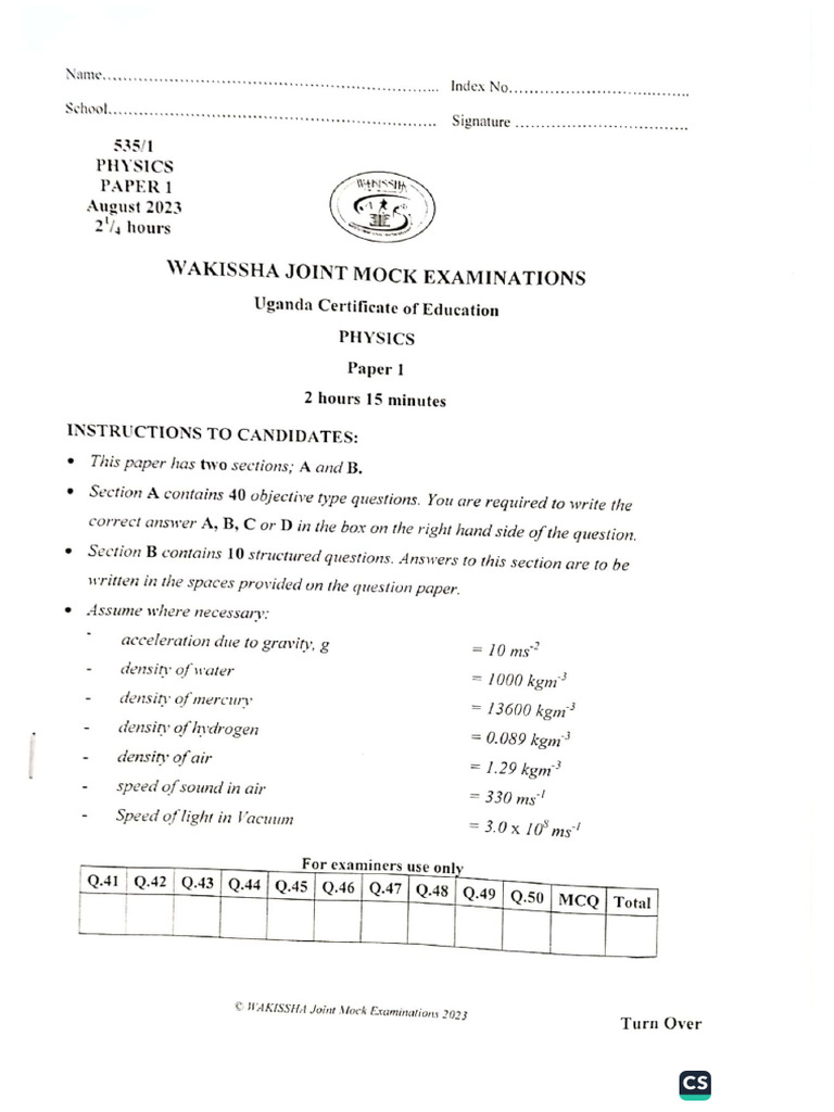 Wakissha Joint Mock Examination 2023 Physics S.4 | PDF