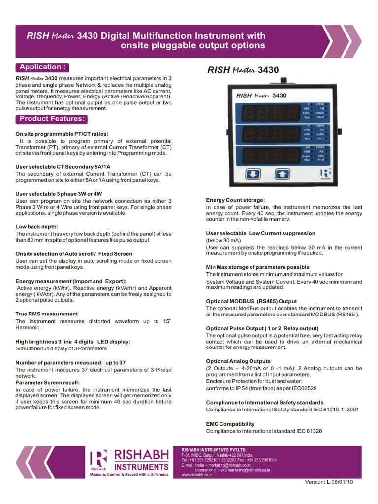 RISH Master 3430 Multifunction Meter | PDF | Alternating Current ...