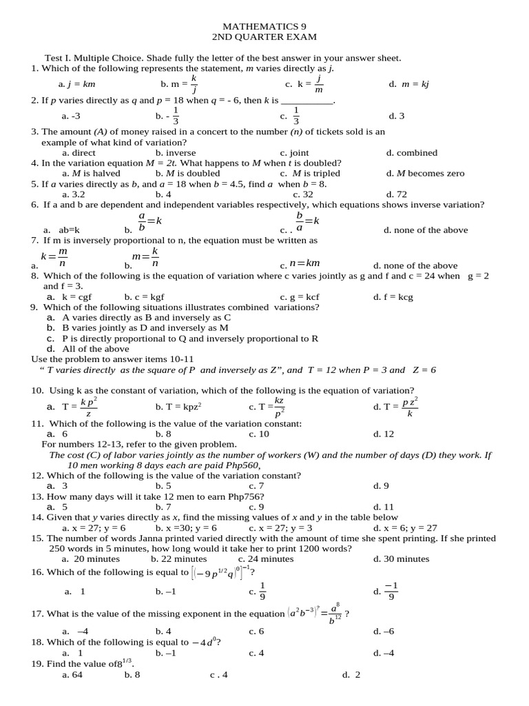 2ND QUARTER EXAM math 9 | PDF | Mathematical Analysis | Mathematics