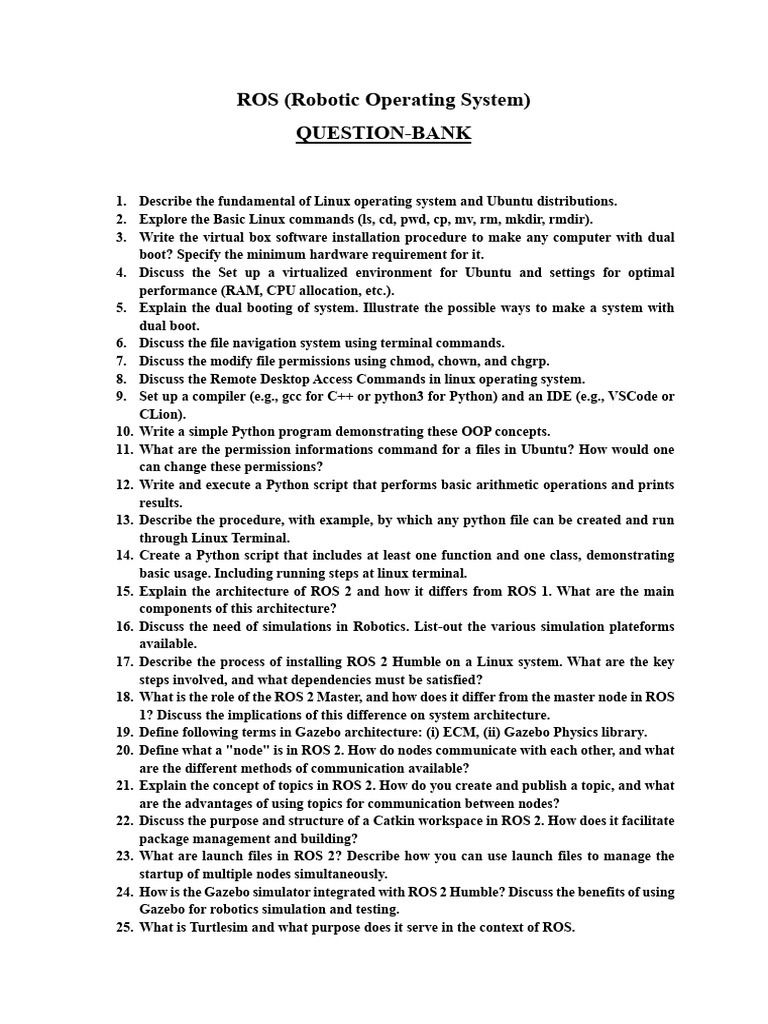 ROS (Robotic Operating System) Question Bank | PDF | Robotics | Simulation