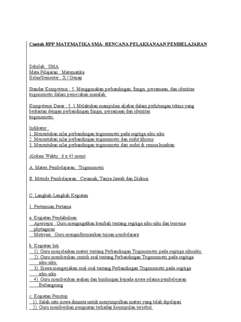 Contoh RPP Matematika Sma | PDF
