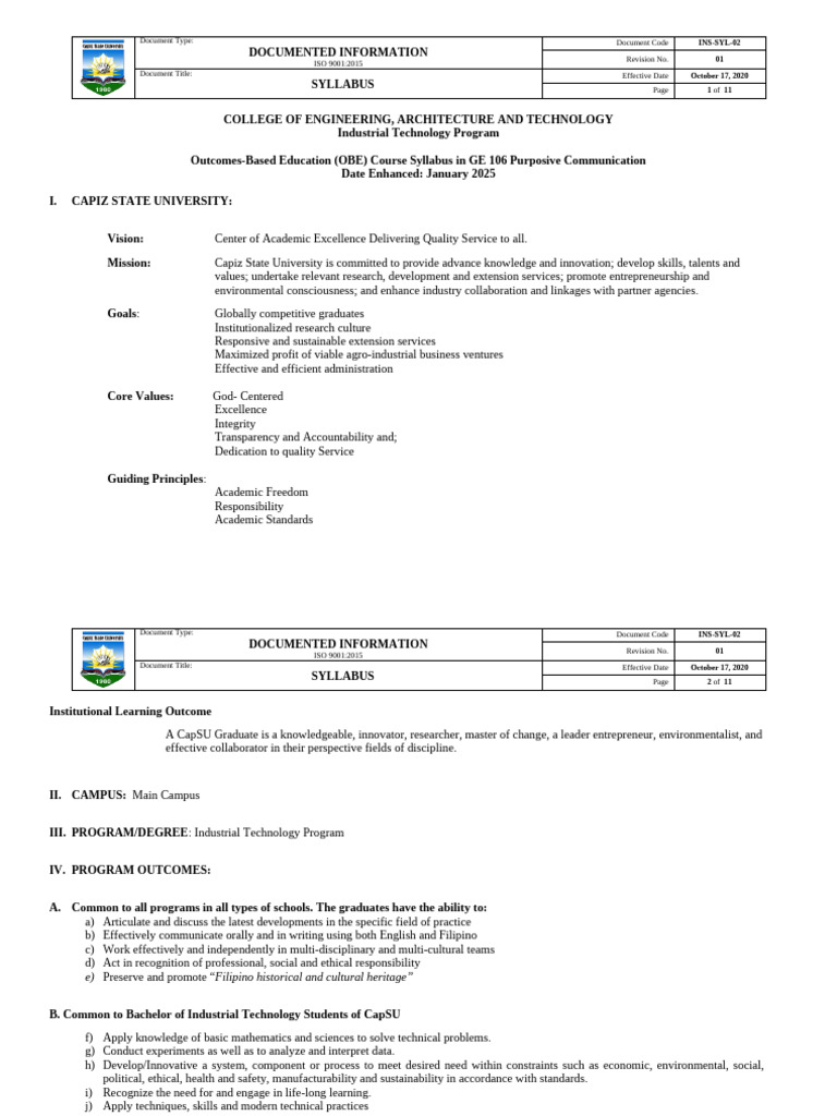 Purposive Communication Syllabus | PDF | Communication | Rhetoric