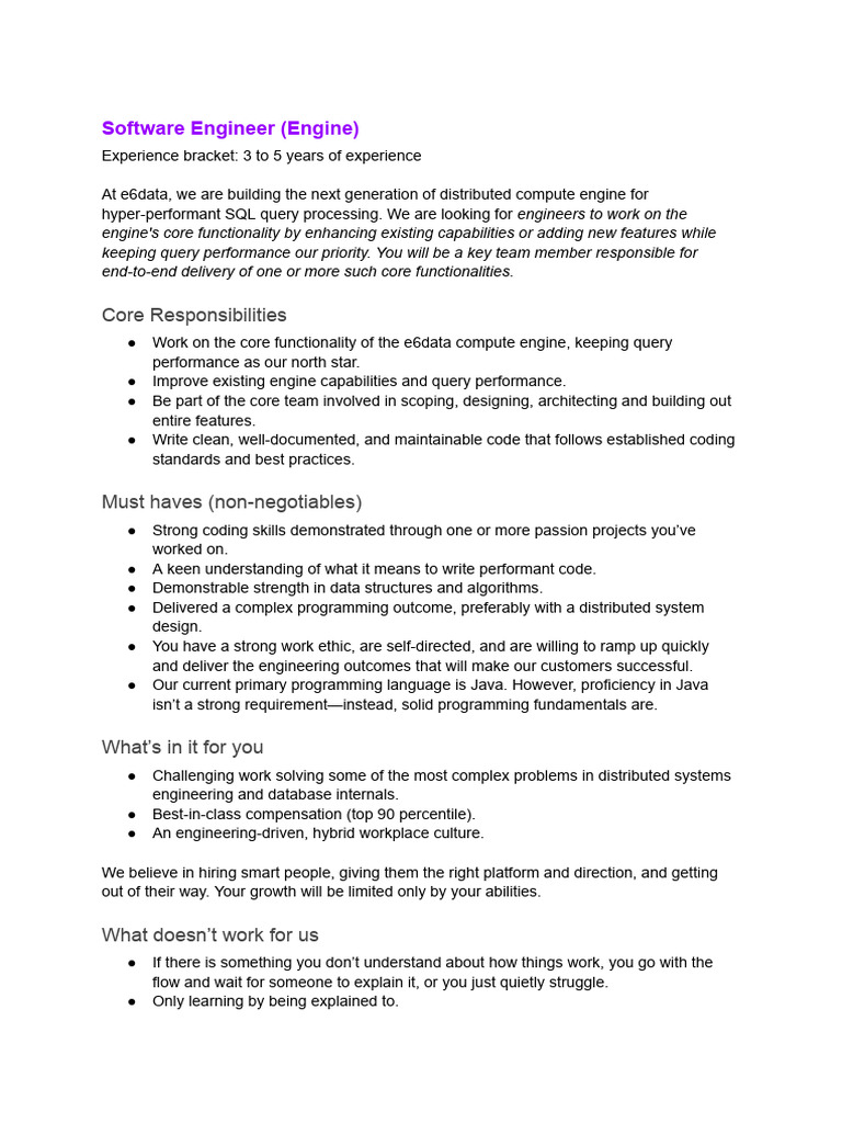 (INT) JD - Software Engineer (Engine) | PDF | Computer Programming | Databases