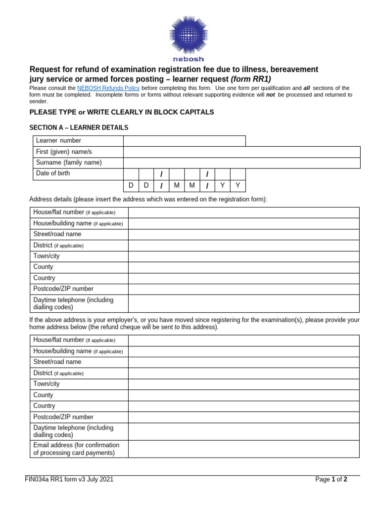 Fin034a Learner Refund Request Form Rr1 v3 | PDF