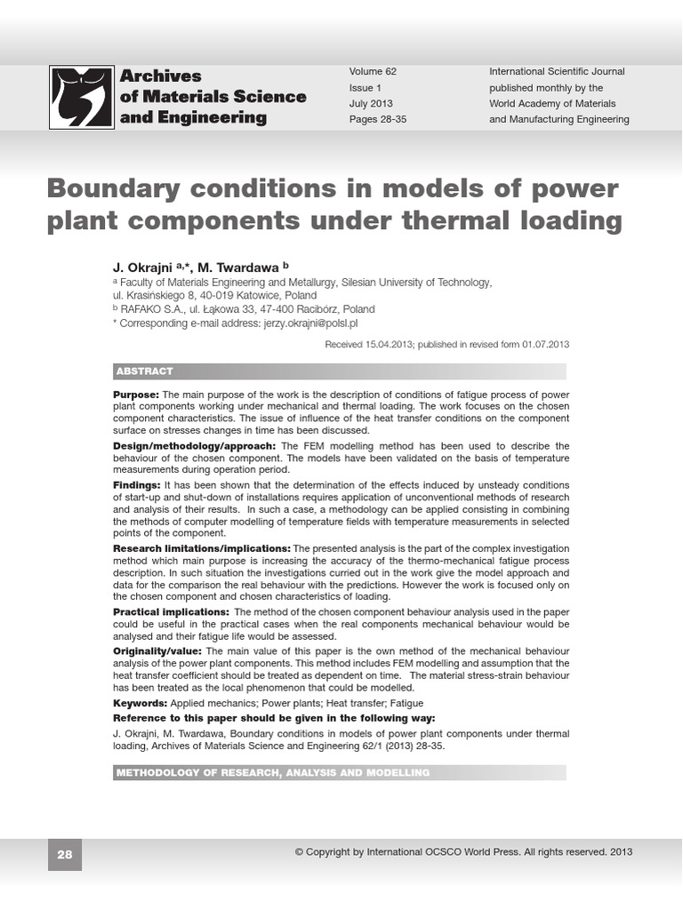 Boundary Conditions in Models of Power Plant Componenets Under Thermal ...