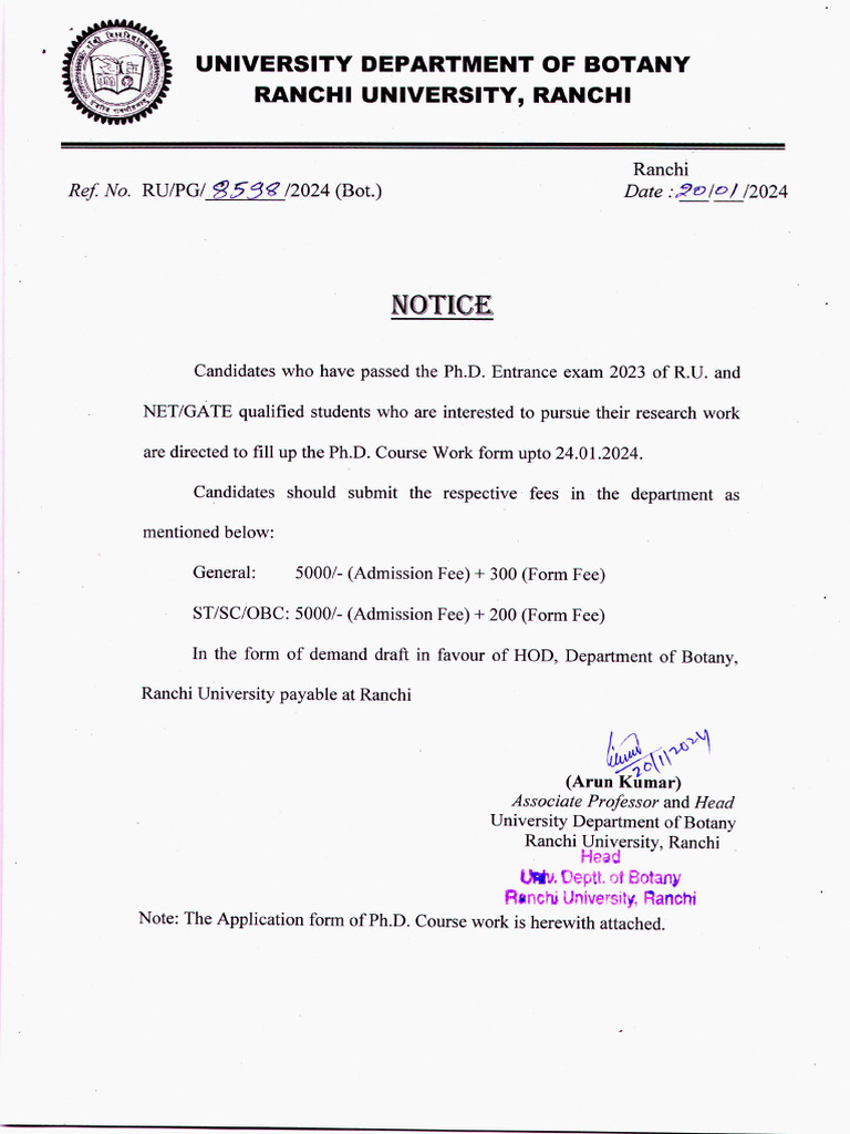 24.1notice - For PH.D Course Work Botany | PDF