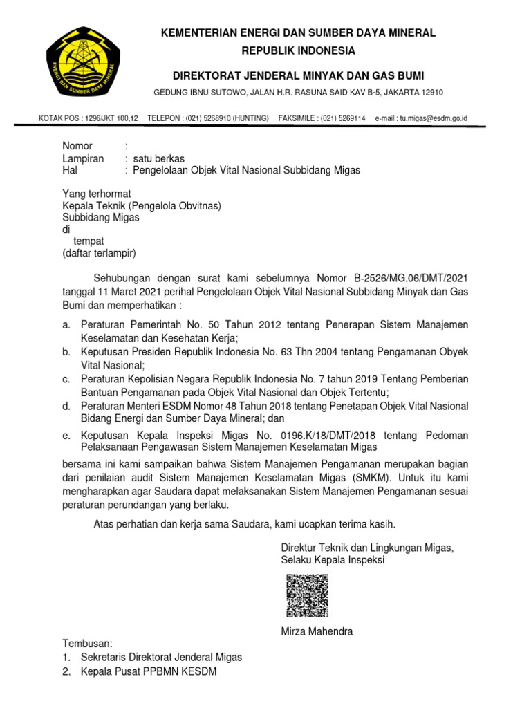 Surat ESDM Pengelolaan Objek Vital Nasional Subbidang Migas | PDF