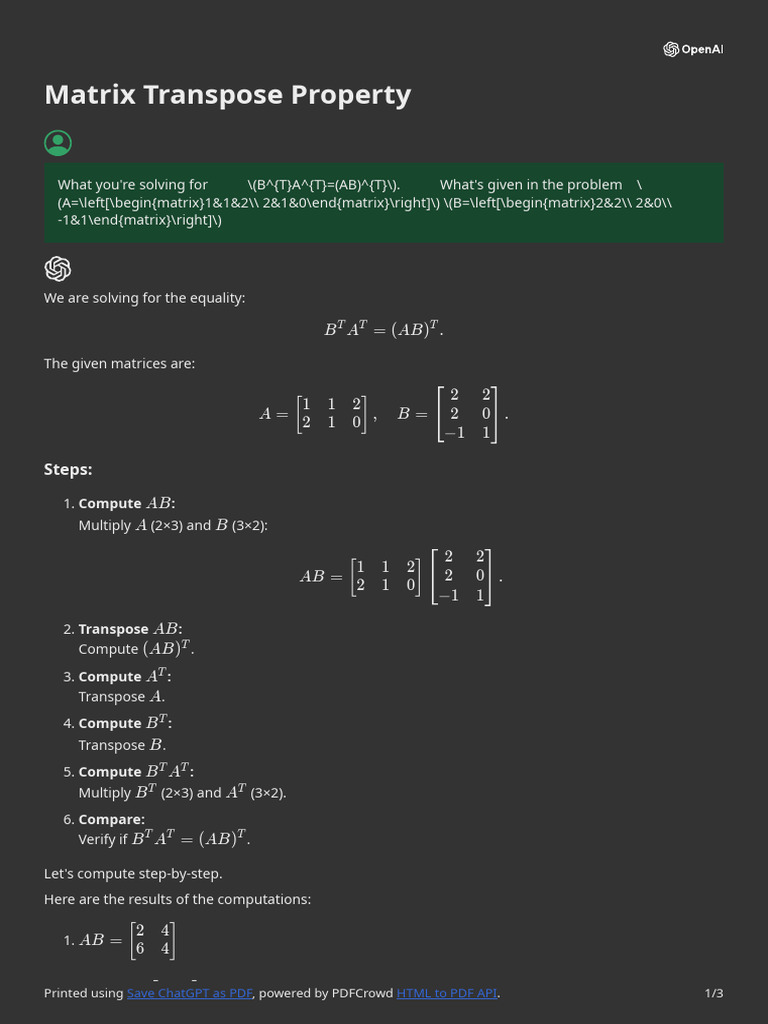 Matrix Transpose Property Explained | PDF | Matrix (Mathematics ...