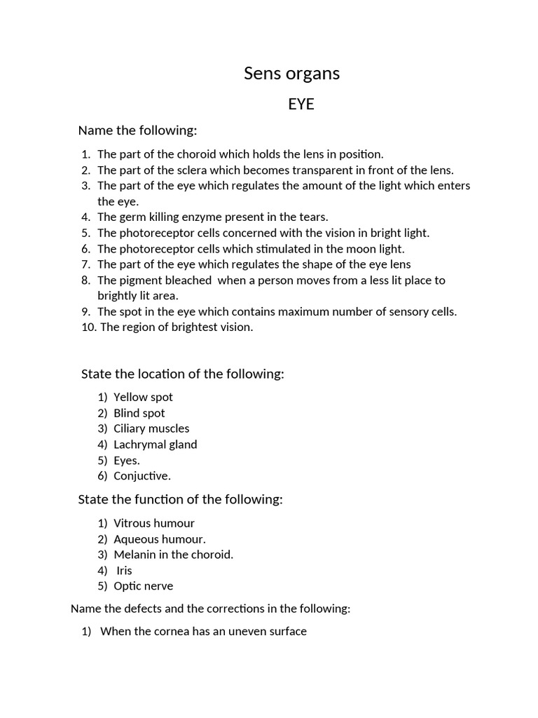 sense organs question | PDF | Eye | Ear