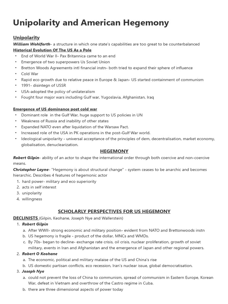 Unipolarity and American Hegemony - HTML | PDF | Hegemony | Polarity (International Relations)
