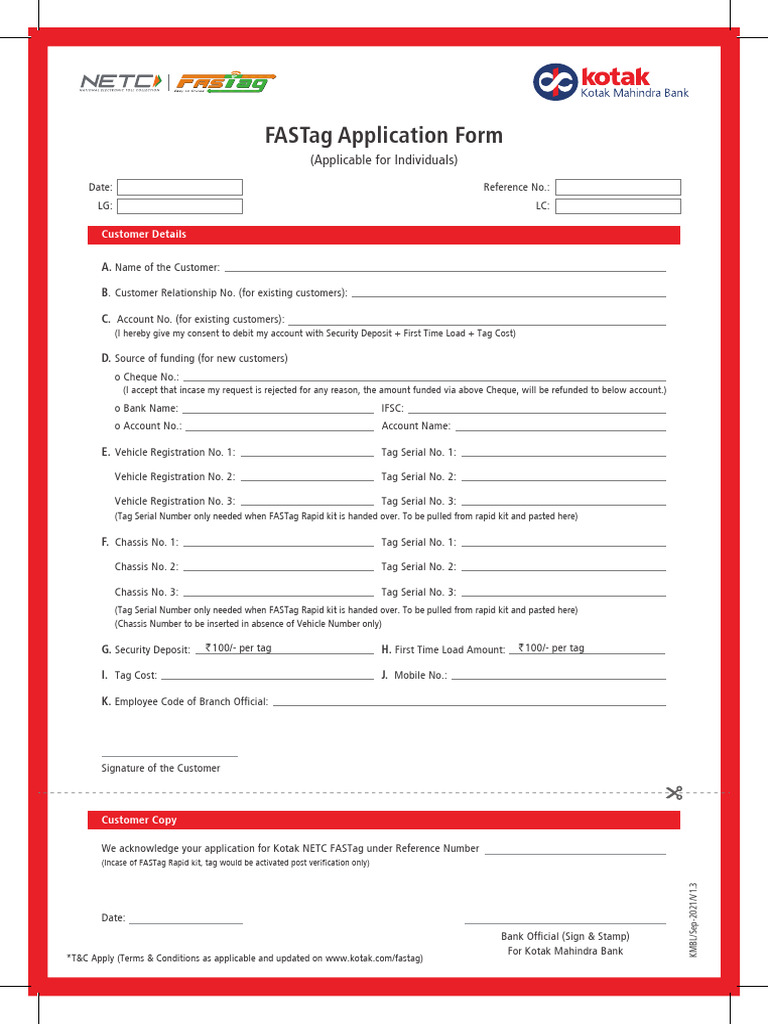 Kotak -FASTag Application Form | PDF | Banks | Point Of Sale